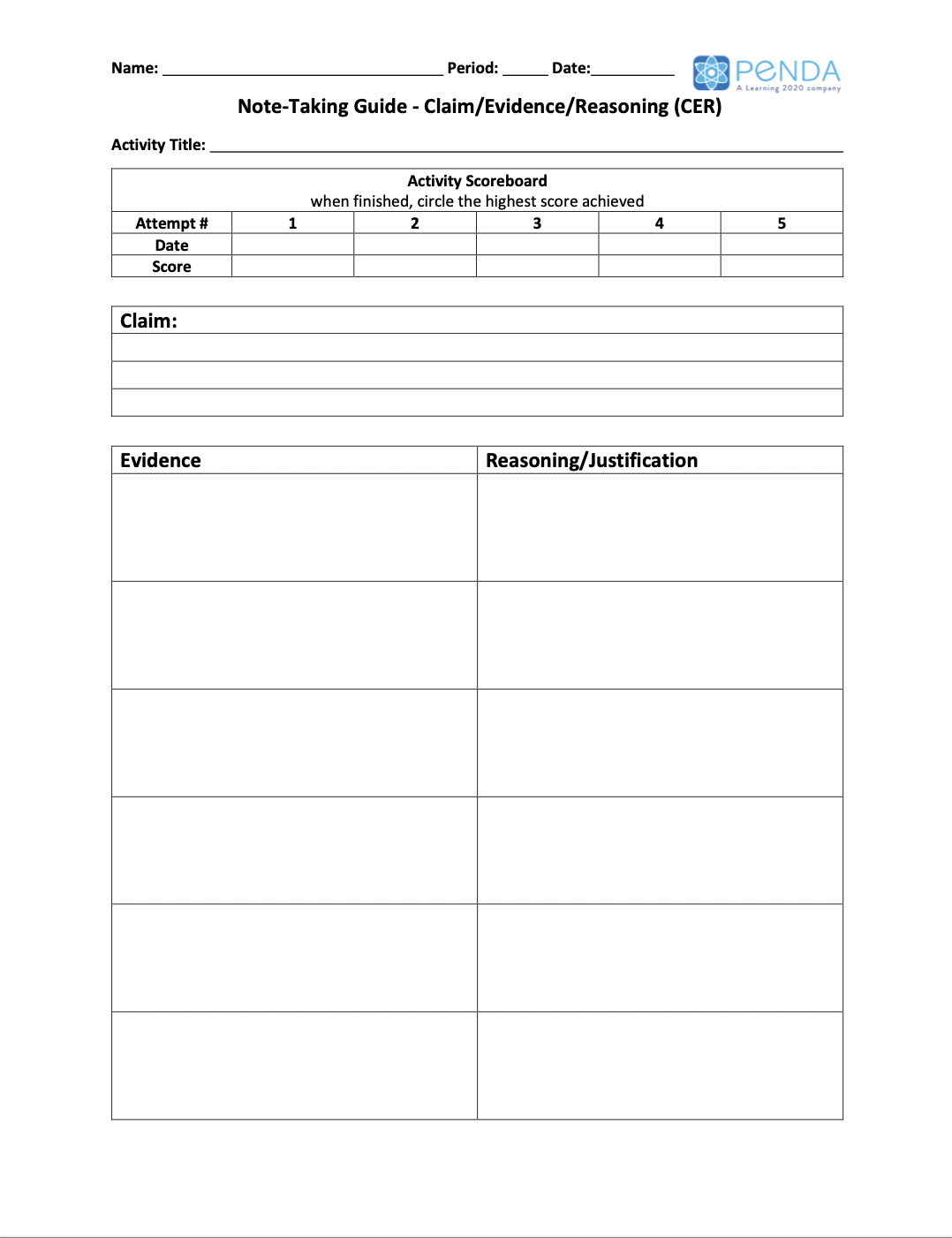 Note-Taking Guide: Claim-Evidence-Reasoning (CER) – Penda Learning