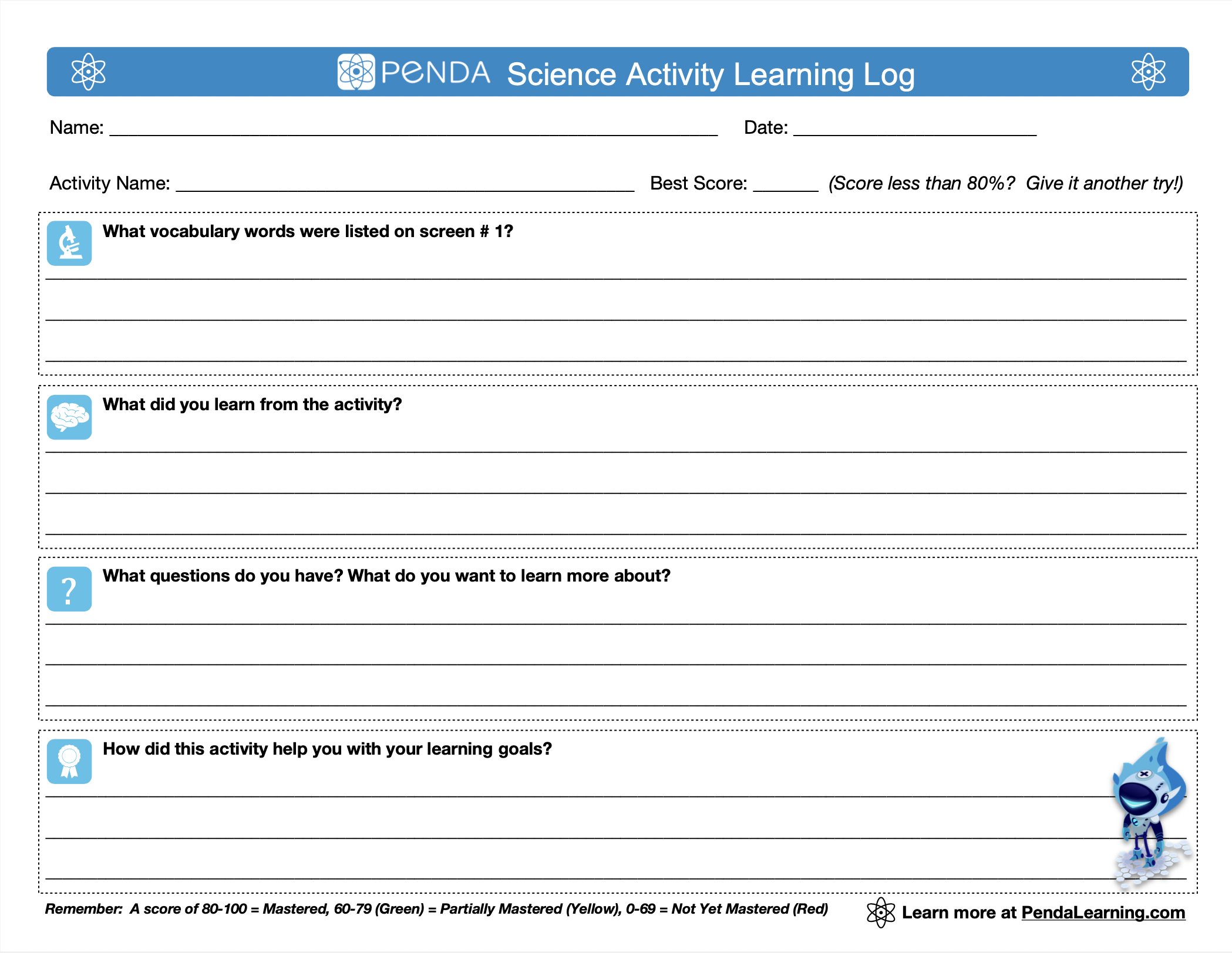 Learning Log - Student Note-Taking Guide (Elementary) – Penda Learning