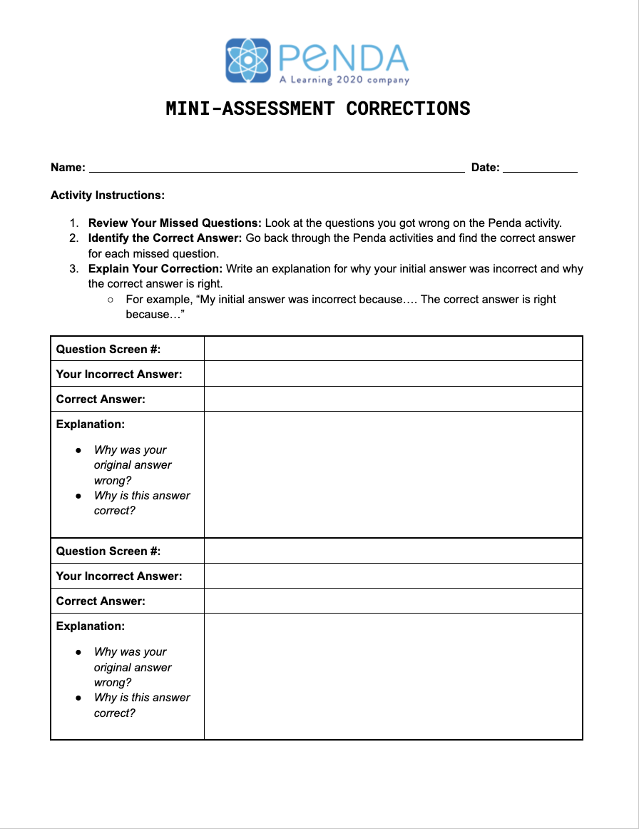Penda Mini-Assessment Corrections Worksheet – Penda Learning