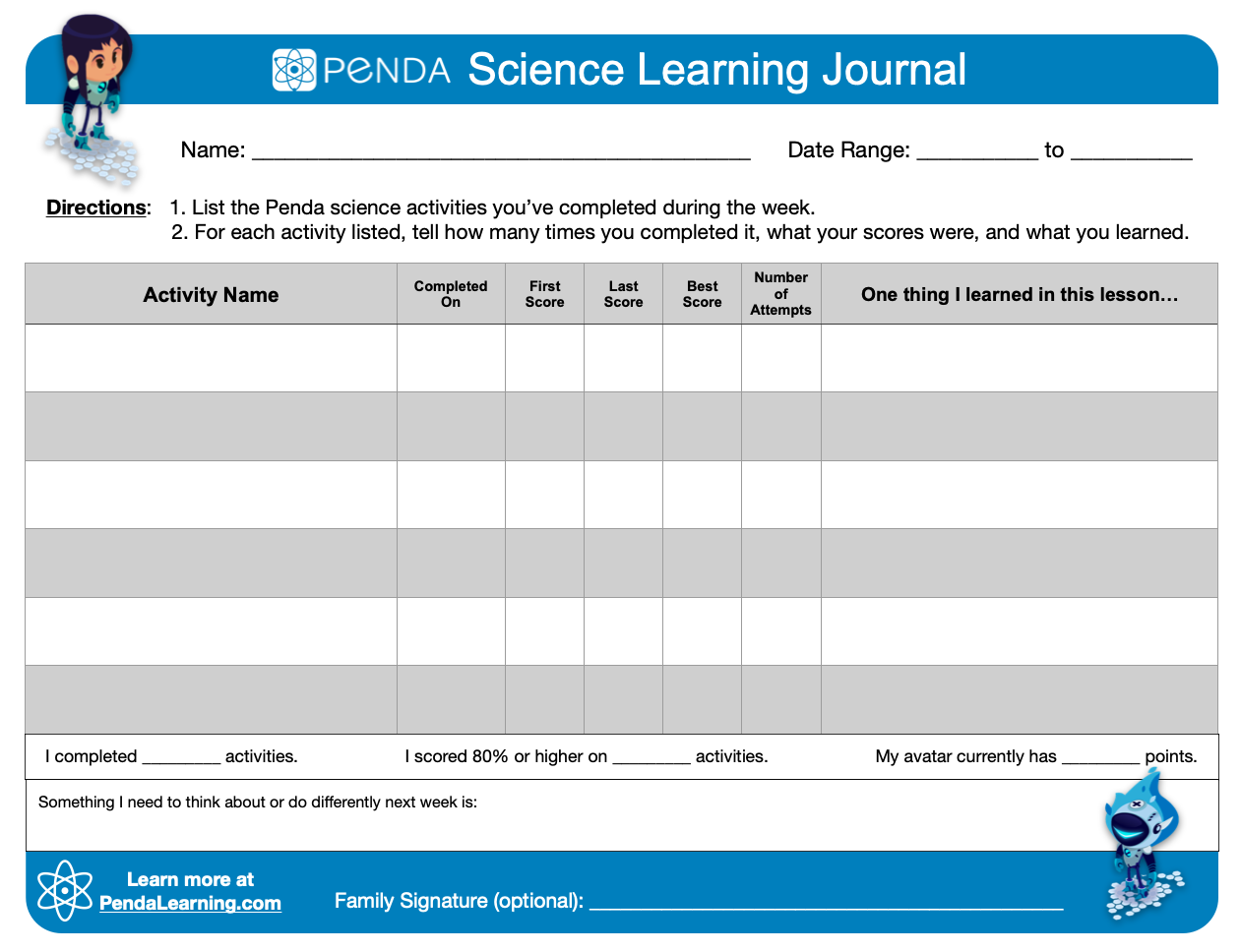 Learning Log - Student Note-Taking Guide (Elementary) – Penda Learning